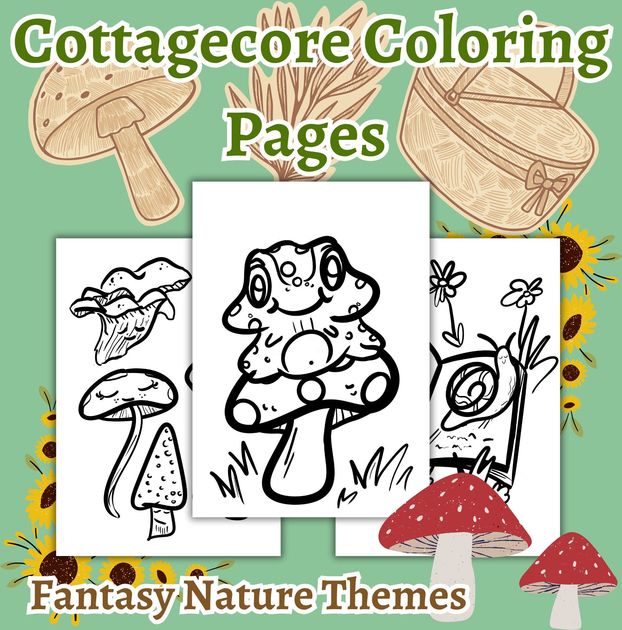 3 Printable Cottagecore Fantasy Coloring Pages Easy and Fun - Etsy