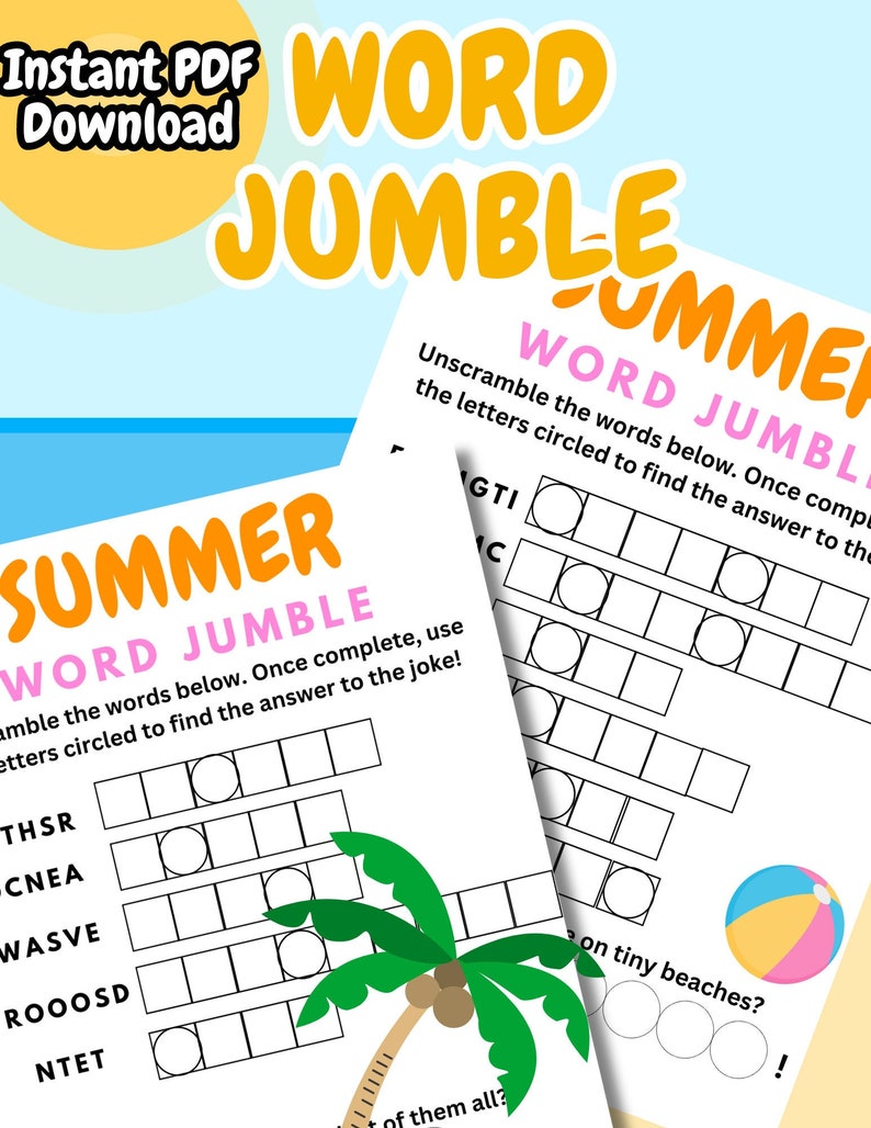 Word Jumble Printable Puzzle Book, Summer Word Scramble Game, Book ...