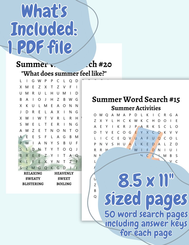 50 Summer Word Search Printable Book, Word Find, PDF Download, Activity ...