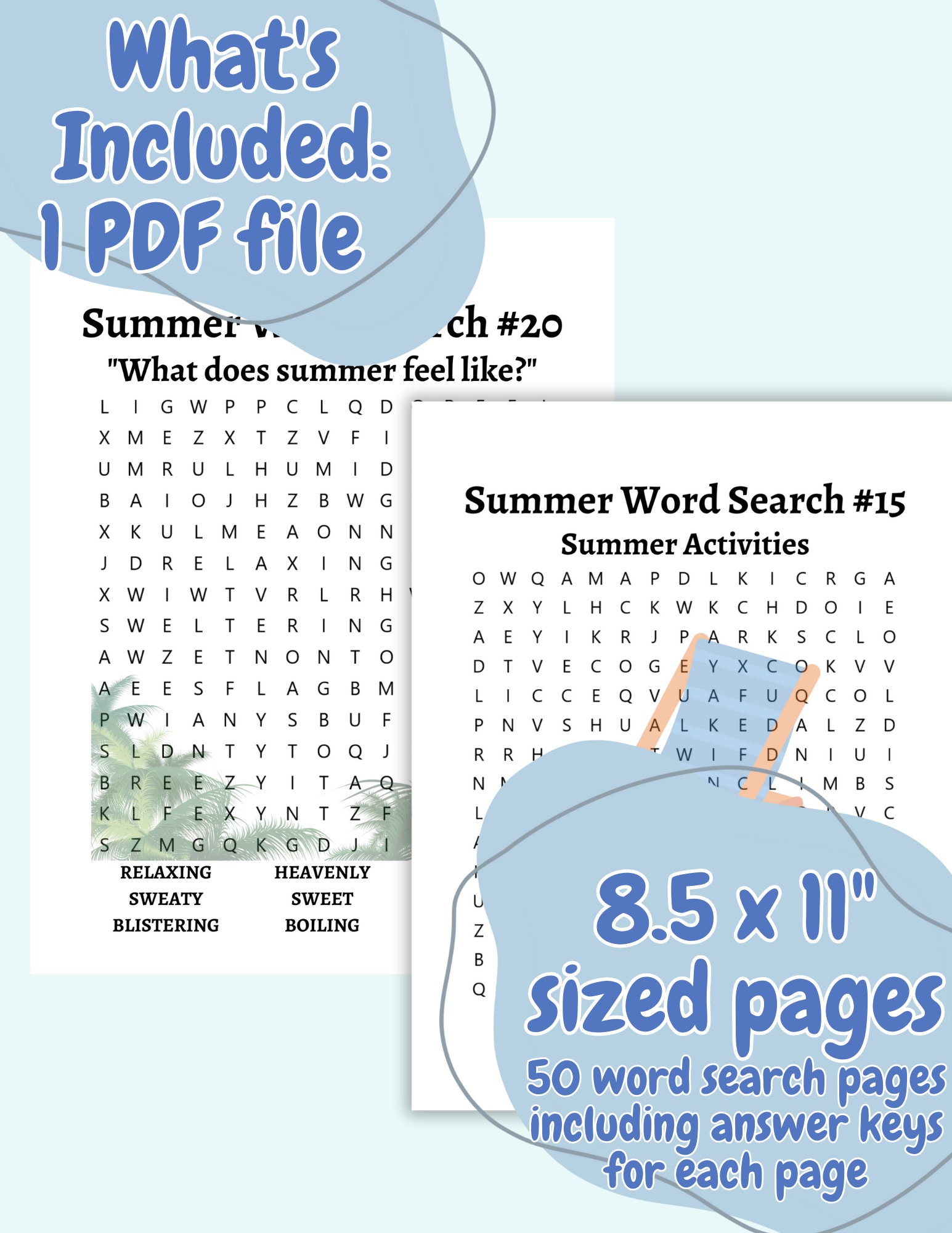 50 Summer Word Search Printable Book, Word Find, PDF Download, Activity ...