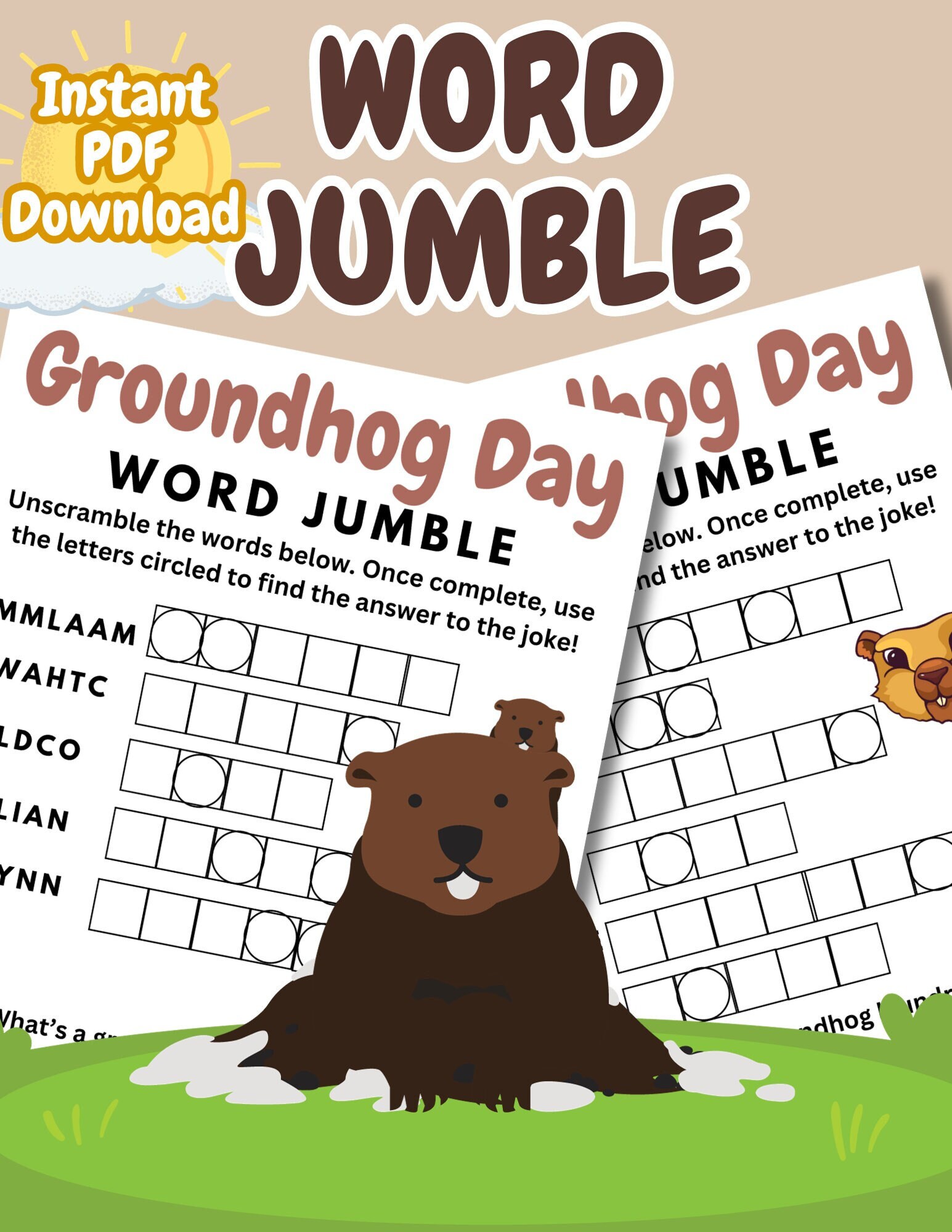 Word Jumble Printable Puzzle Booklet, Groundhog Day Word Scramble Game ...
