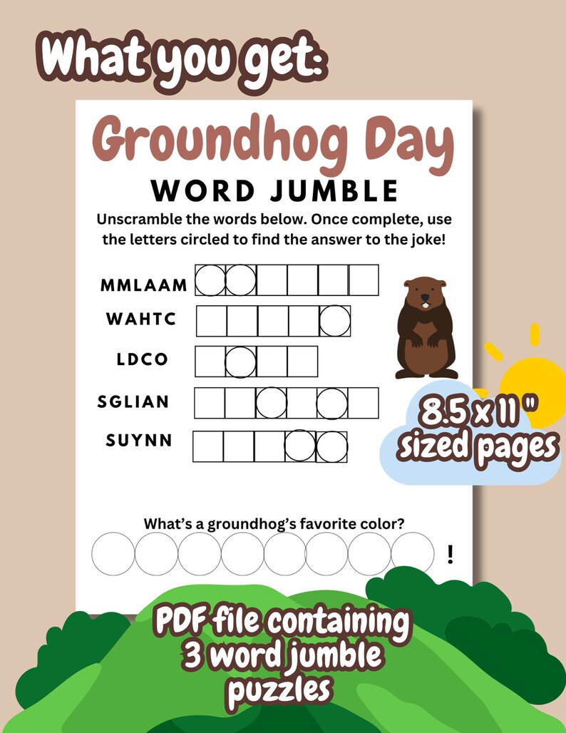 Word Jumble Printable Puzzle Booklet, Groundhog Day Word Scramble Game ...