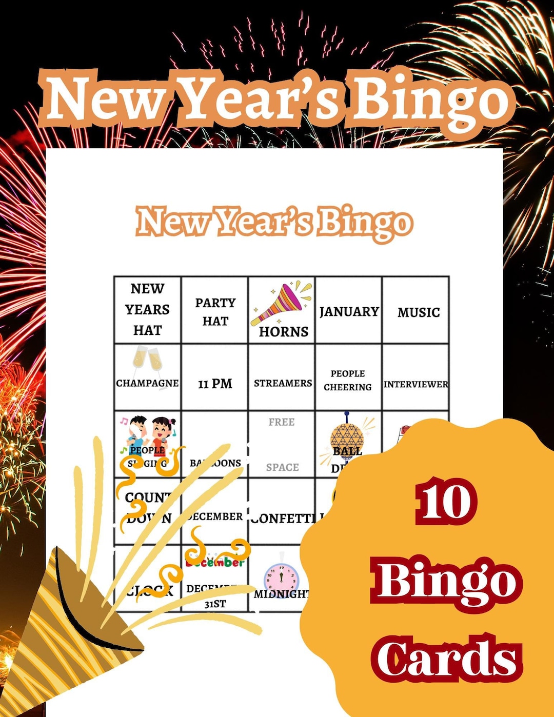 New Year's Eve Bingo, 2025 NYE Celebrations, PDF Download, 10 Printable ...