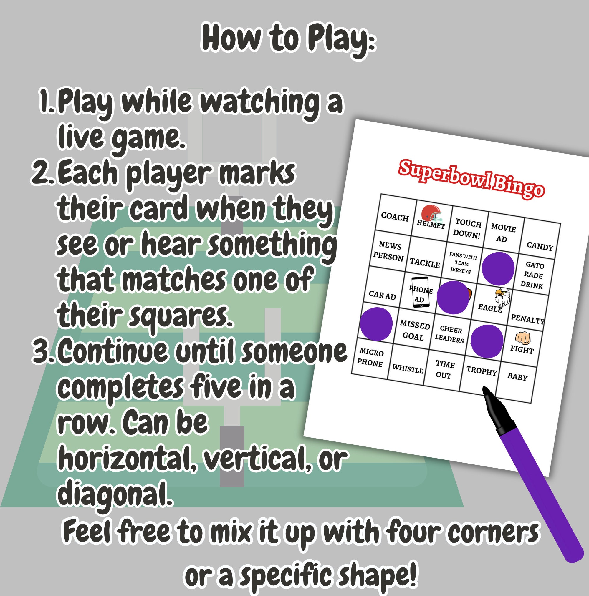 Superbowl Football Bingo, 2025 the Big Game 59, PDF Download, 10 ...