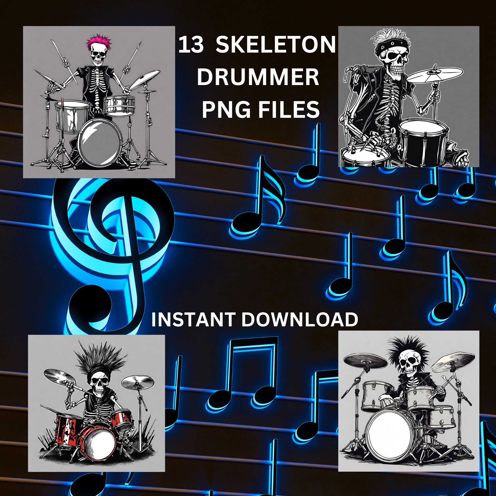 13 Skeleton Drummer PNG Files Rock Punk Drummer Bundle Package ...