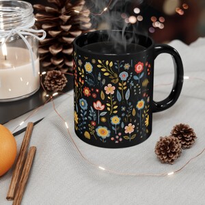 Nordic Folk Art Floral Design Black Mug,11-ounce Mug With Floral Design ...