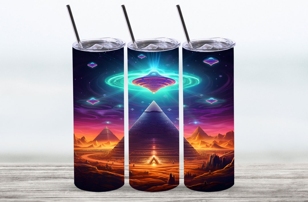 3D Psychedelic Ufos Over Pyramids Tumbler Wrap,20 Oz Straight Skinny Tumbler Sublimation Design ...