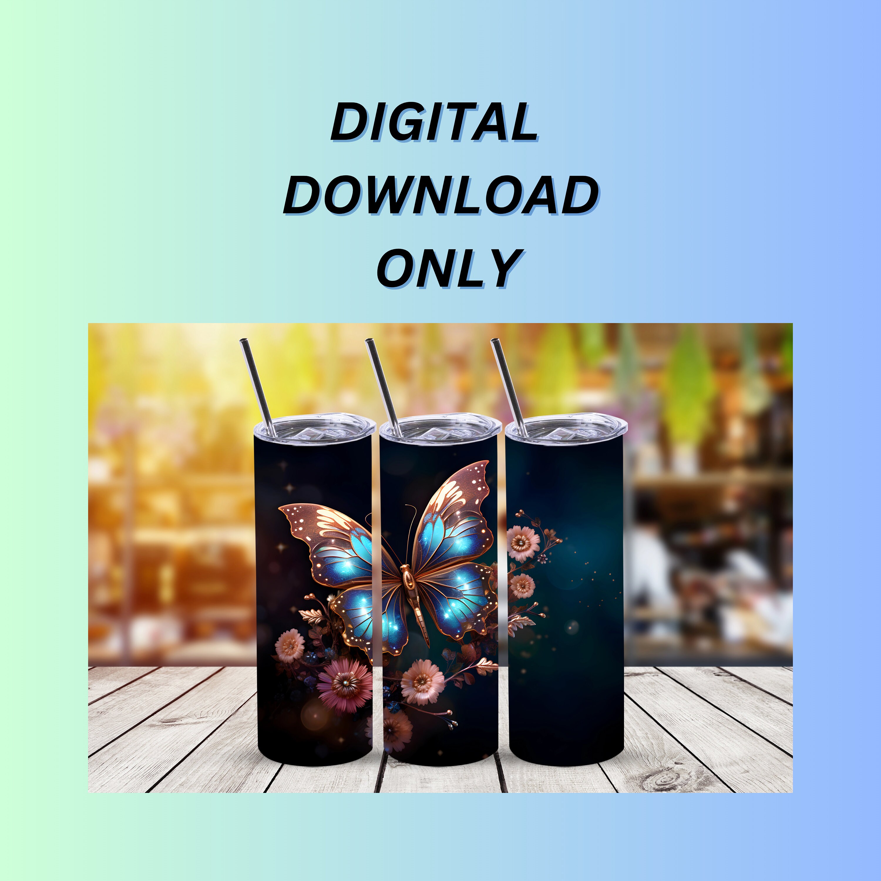 Butterfly Tumbler Wrap,3d Metallic Blue Winged Butterfly With Pink ...