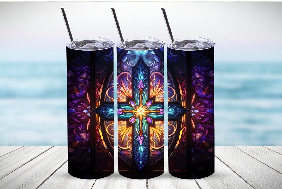 Cross Tumbler Wrap,stained Glass Cross 20 Oz Straight Tumbler ...