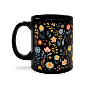 Nordic Folk Art Floral Design Black Mug,11-ounce Mug With Floral Design ...