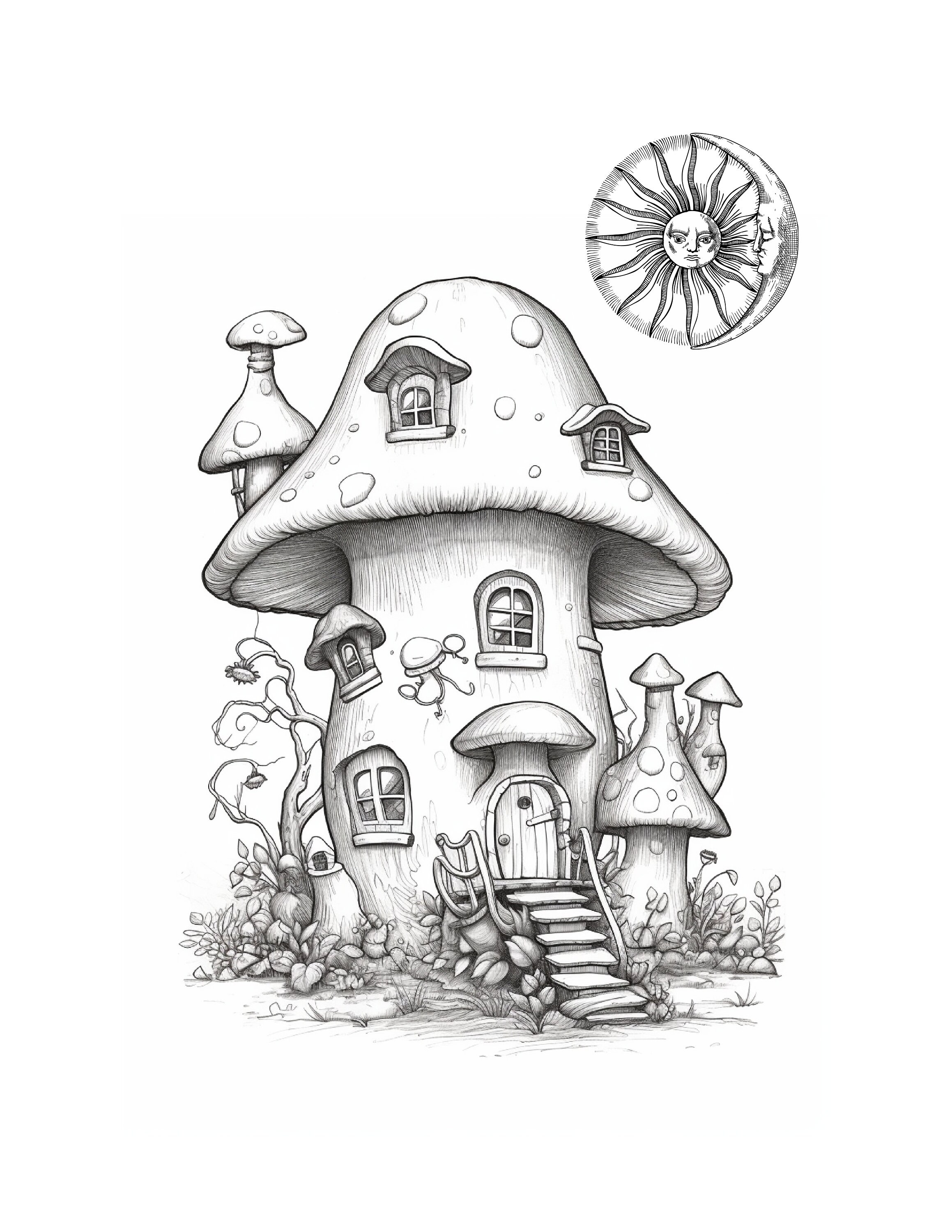 Gnome and Mushroom House Coloring Pages, 70 Printable Designs (digital ...