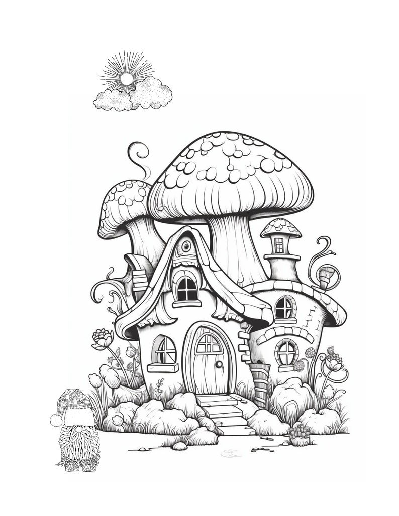 Gnome and Mushroom House Coloring Pages, 70 Printable Designs (digital ...