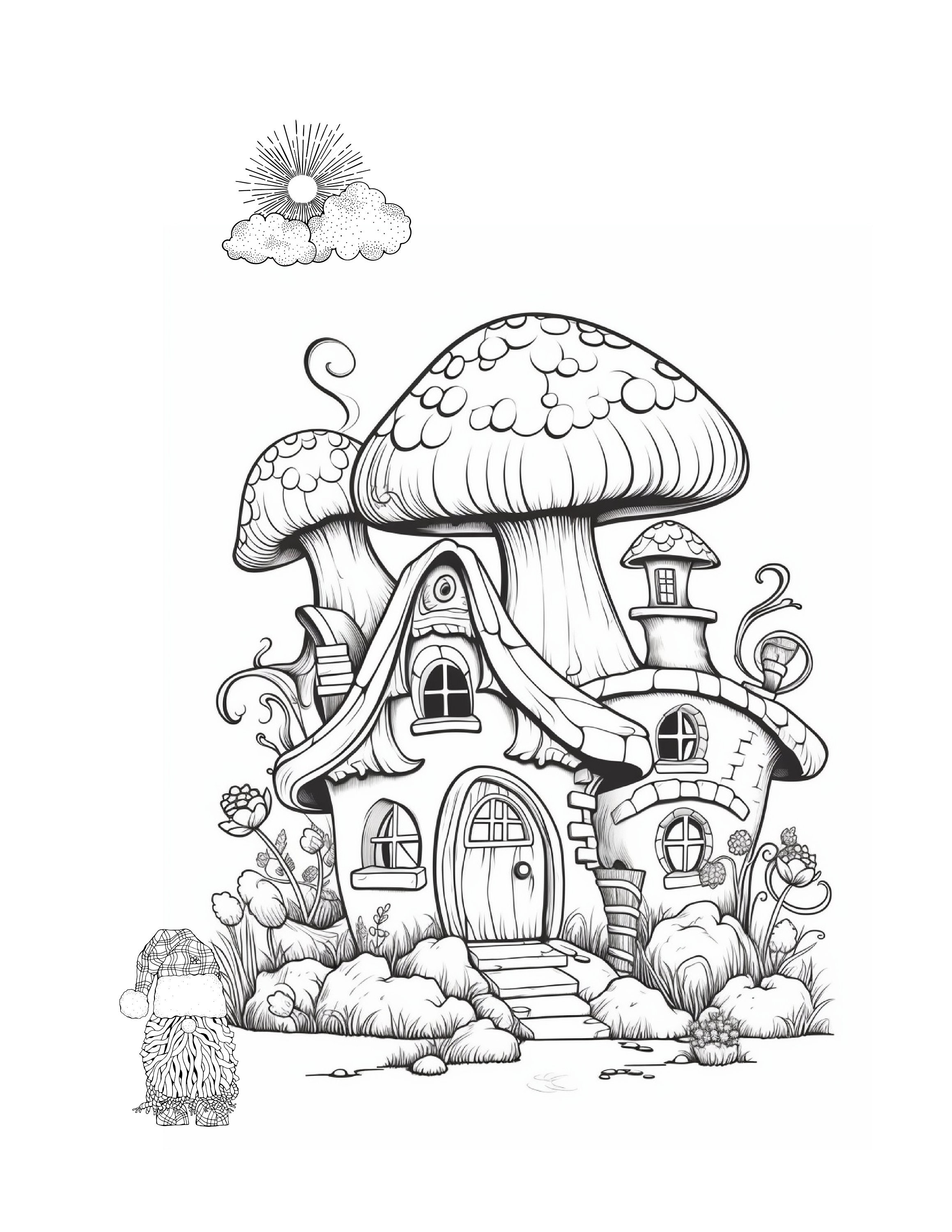 70 Gnome and Their Homes Coloring Pages, Printable Coloring Book, Adult ...