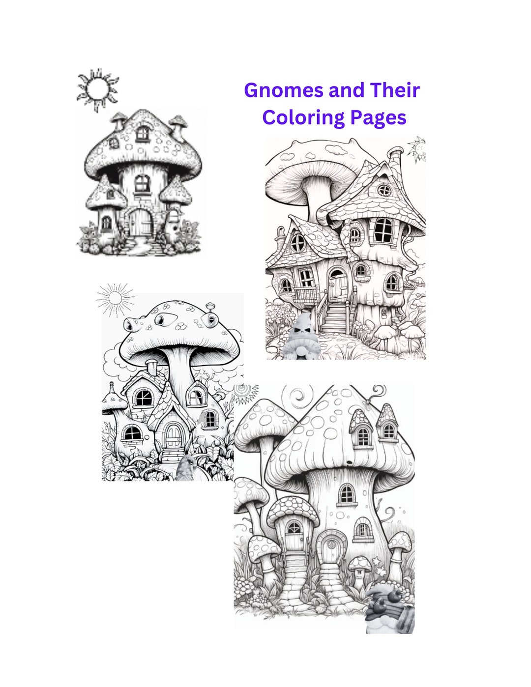 70 Gnome and Their Homes Coloring Pages, Printable Coloring Book, Adult ...