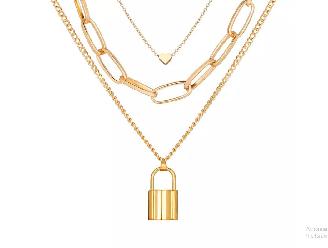 18K Set of Three Chains With Vine Chain With Lock Pendant, Paperclip ...