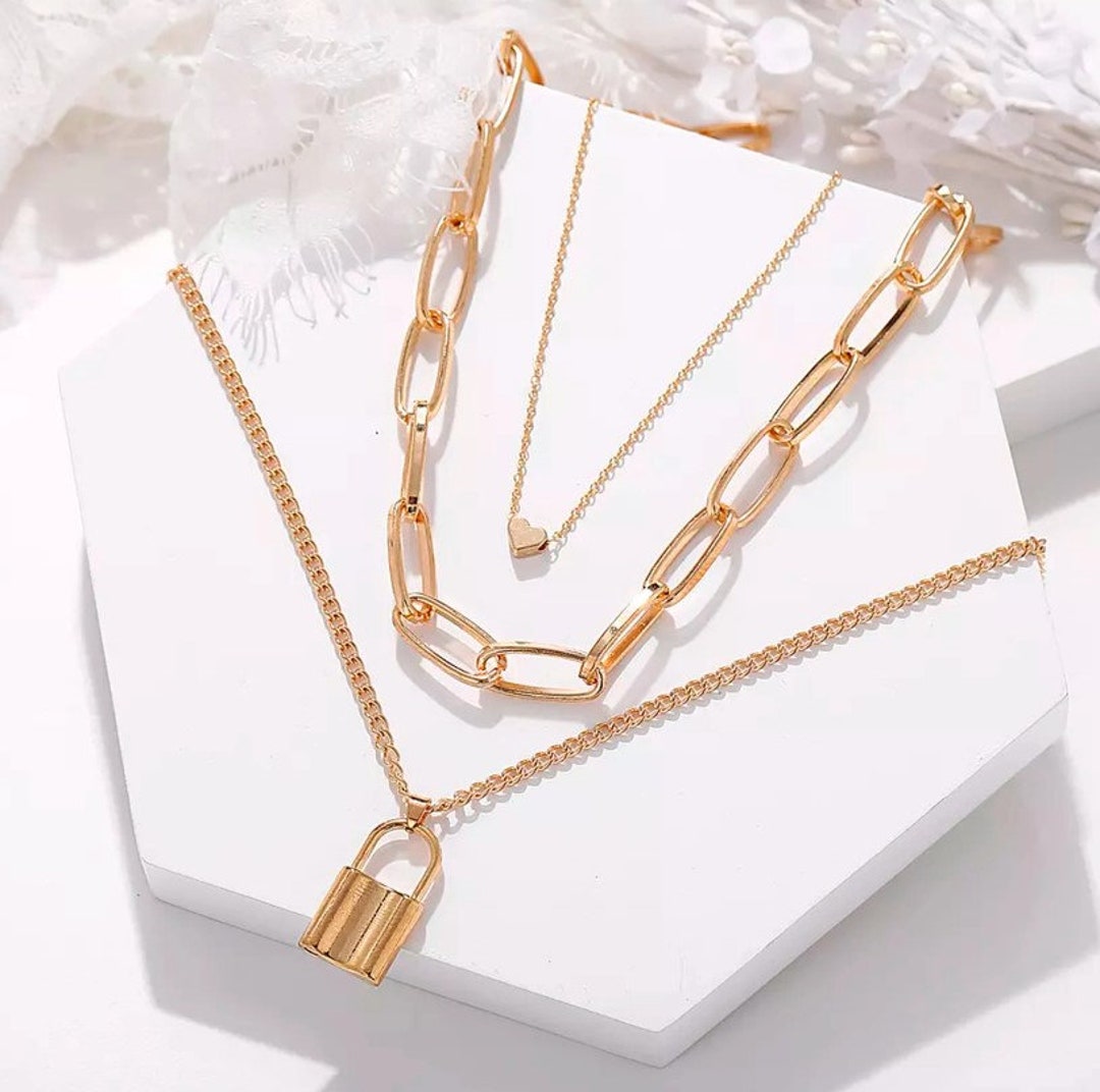 18K Set of Three Chains With Vine Chain With Lock Pendant, Paperclip ...