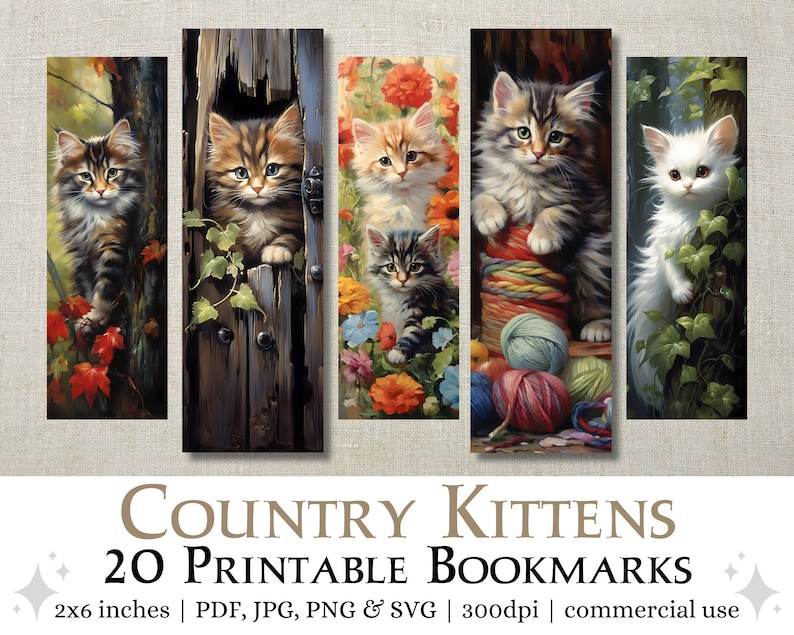 20 Country Kittens Printable Bookmarks | Bookmark Set JPG and PNG ...
