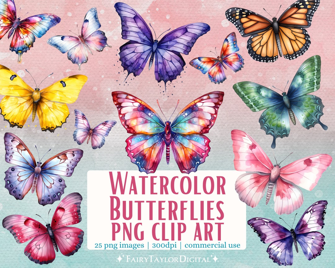 25 Watercolor Butterflies PNG Clipart, Transparent Background Instant ...