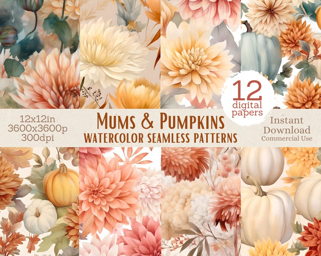 Seamless Patterns - Watercolor Mums & Pumpkins | Instant Download ...
