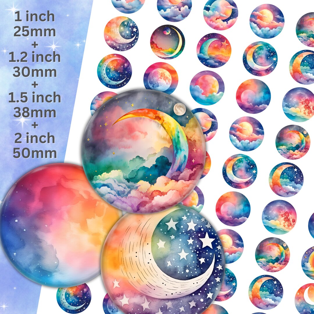 Digital Collage Sheet - Rainbow Moons | 1 Inch Circle, 1.2 Inch, 1.5 ...