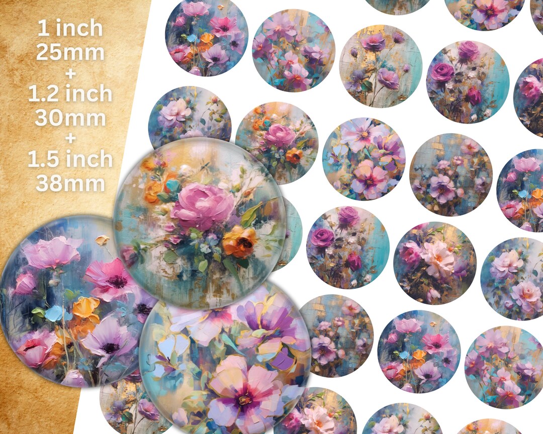 Digital Collage Sheet - Painted Flowers | 1 Inch Circle, 1.2 Inch, 1.5 ...