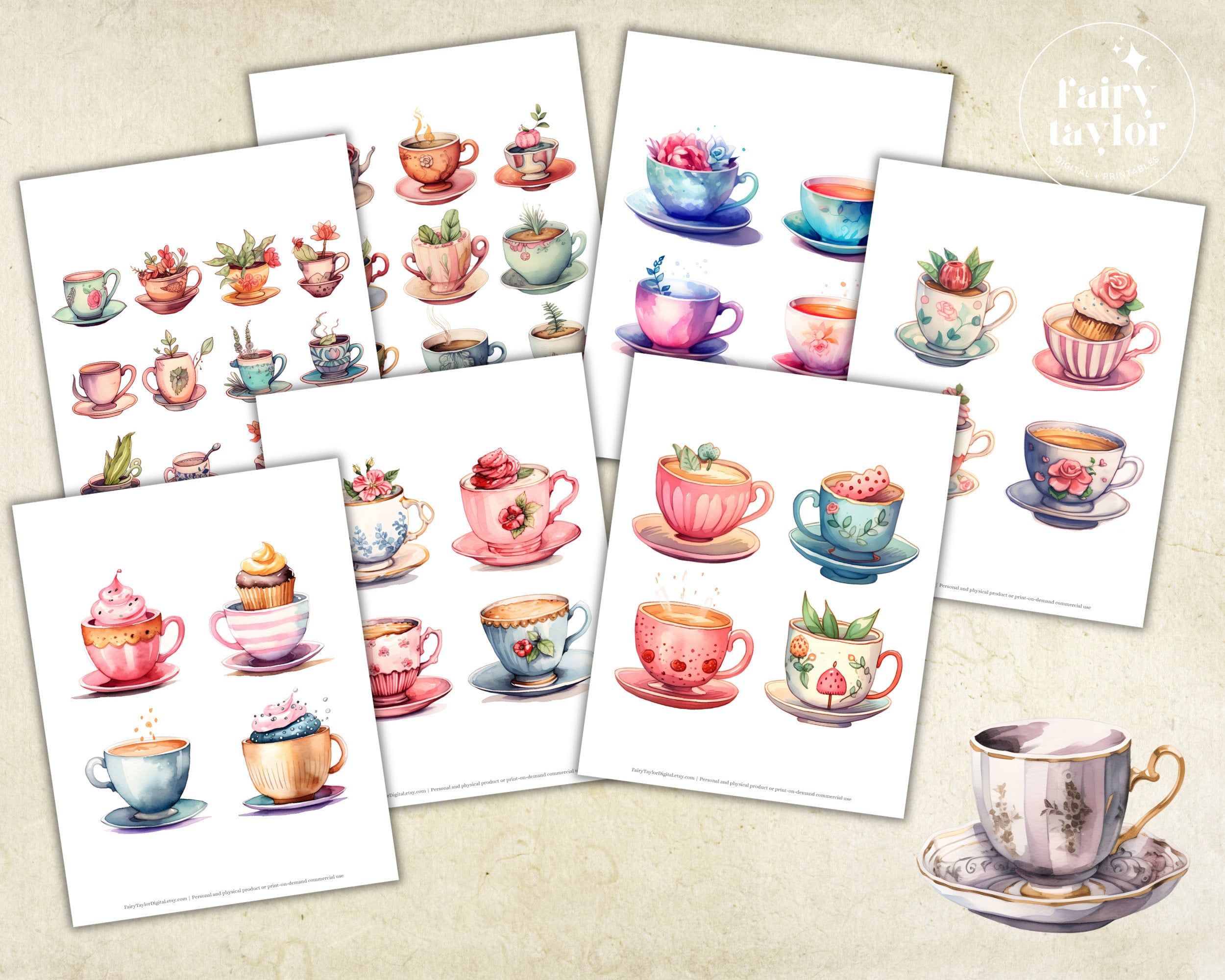 128 Cute Watercolor Teacups Fussy Cuts, Instant Download Printable PDF ...