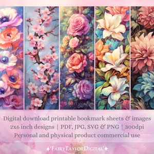 15 Watercolor Floral Printable Bookmarks | JPG Print and Cut Pages, PNG ...