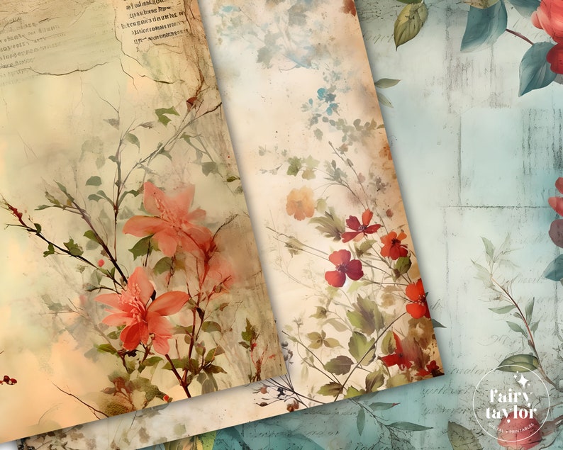 50 Distressed Floral Digital Paper Bundle | 12x12 Journal Paper ...