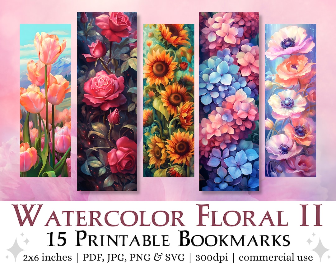 15 Watercolor Floral Printable Bookmarks | JPG Print and Cut Pages, PNG ...