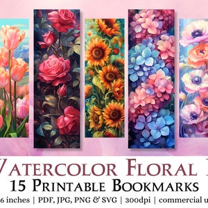 15 Watercolor Floral Printable Bookmarks | JPG Print and Cut Pages, PNG ...