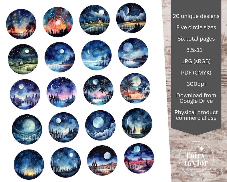 Night Skies Collage Sheets, Round Cabochon Images, 1 Inch Circle, 1.2 ...