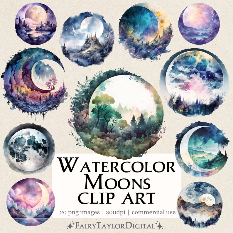 20 Watercolor Moons PNG Clip Art Transparent Background - Etsy
