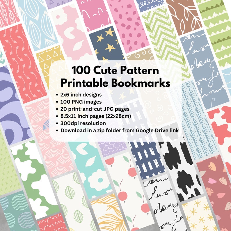 Printable Bookmarks - 100 Cute Patterns | Digital Download, JPG and PNG ...