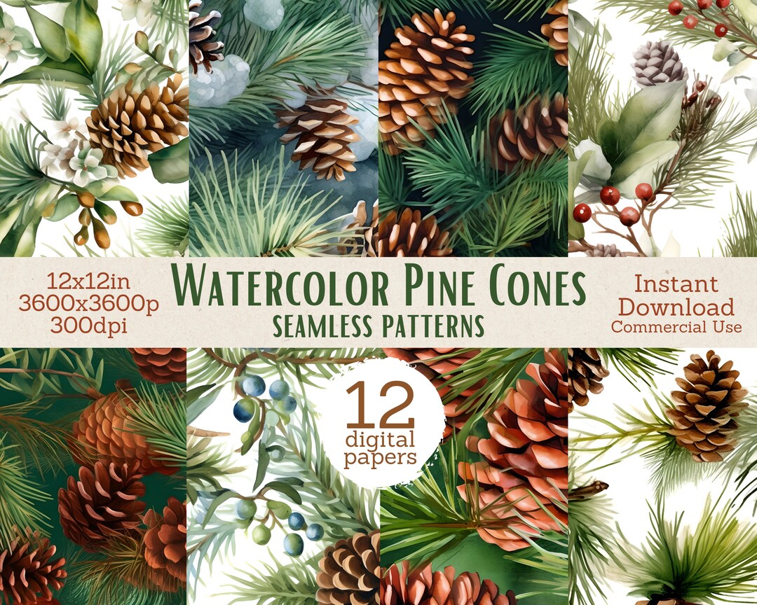 Watercolor Pine Cones Seamless Patterns Digital Download Commercial Use ...