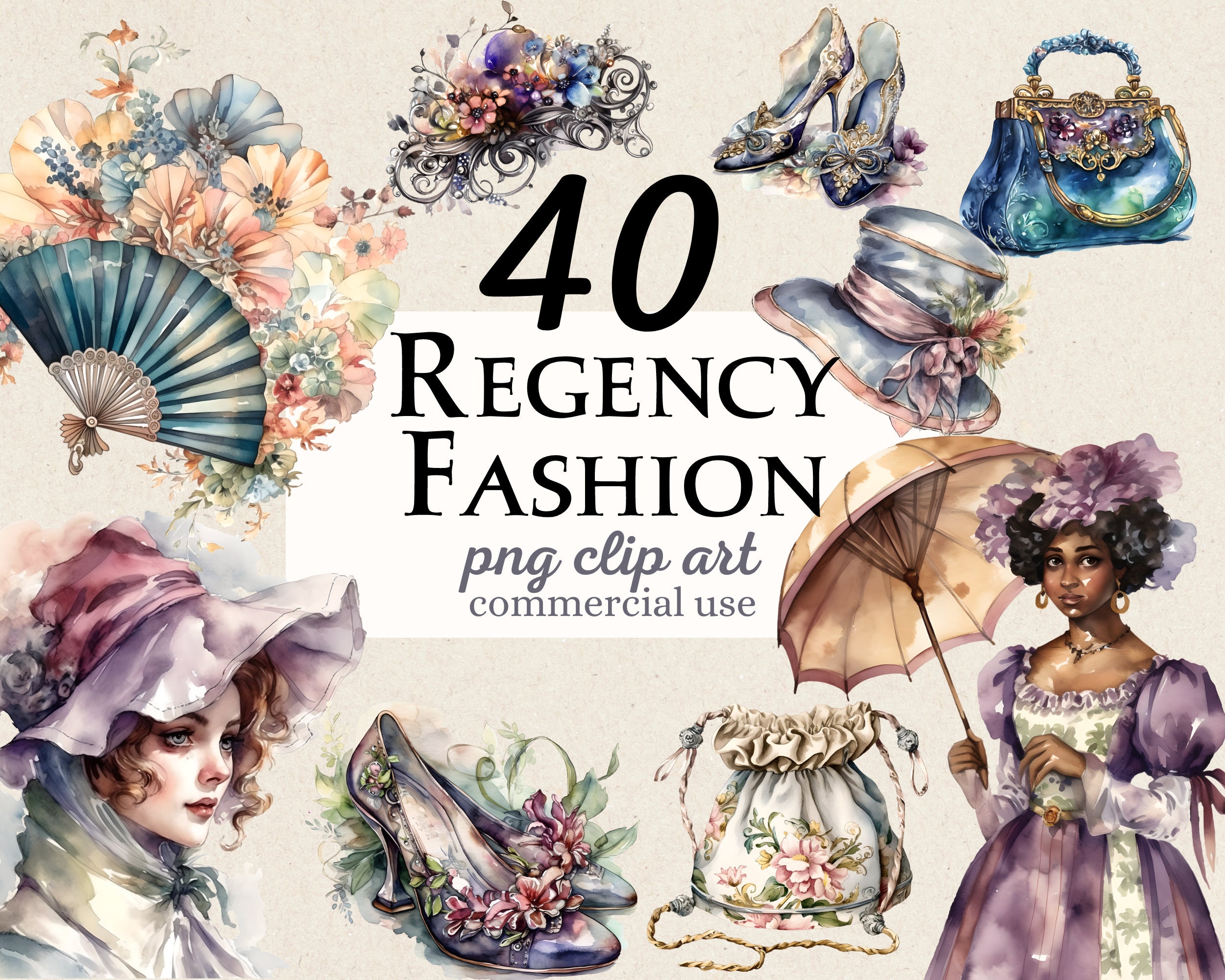 Watercolor Regency Fashion Clip Art 40 PNG Images With - Etsy