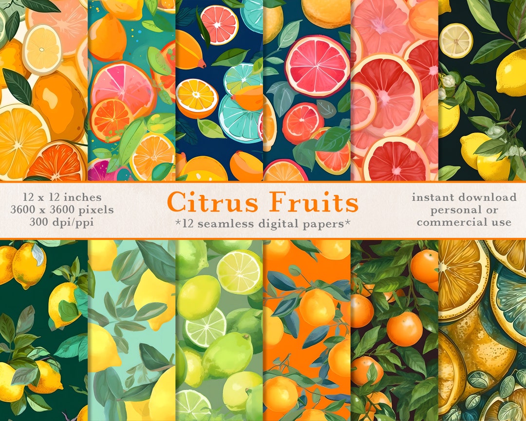 Seamless Patterns - Citrus Fruits | Instant Download Digital Papers X12 ...