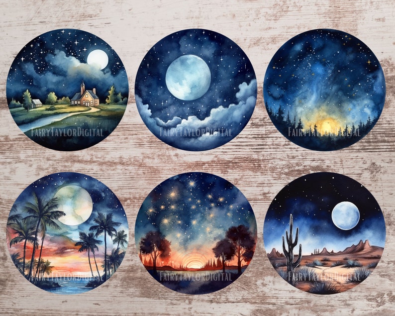 Night Skies Collage Sheets, Round Cabochon Images, 1 Inch Circle, 1.2 ...