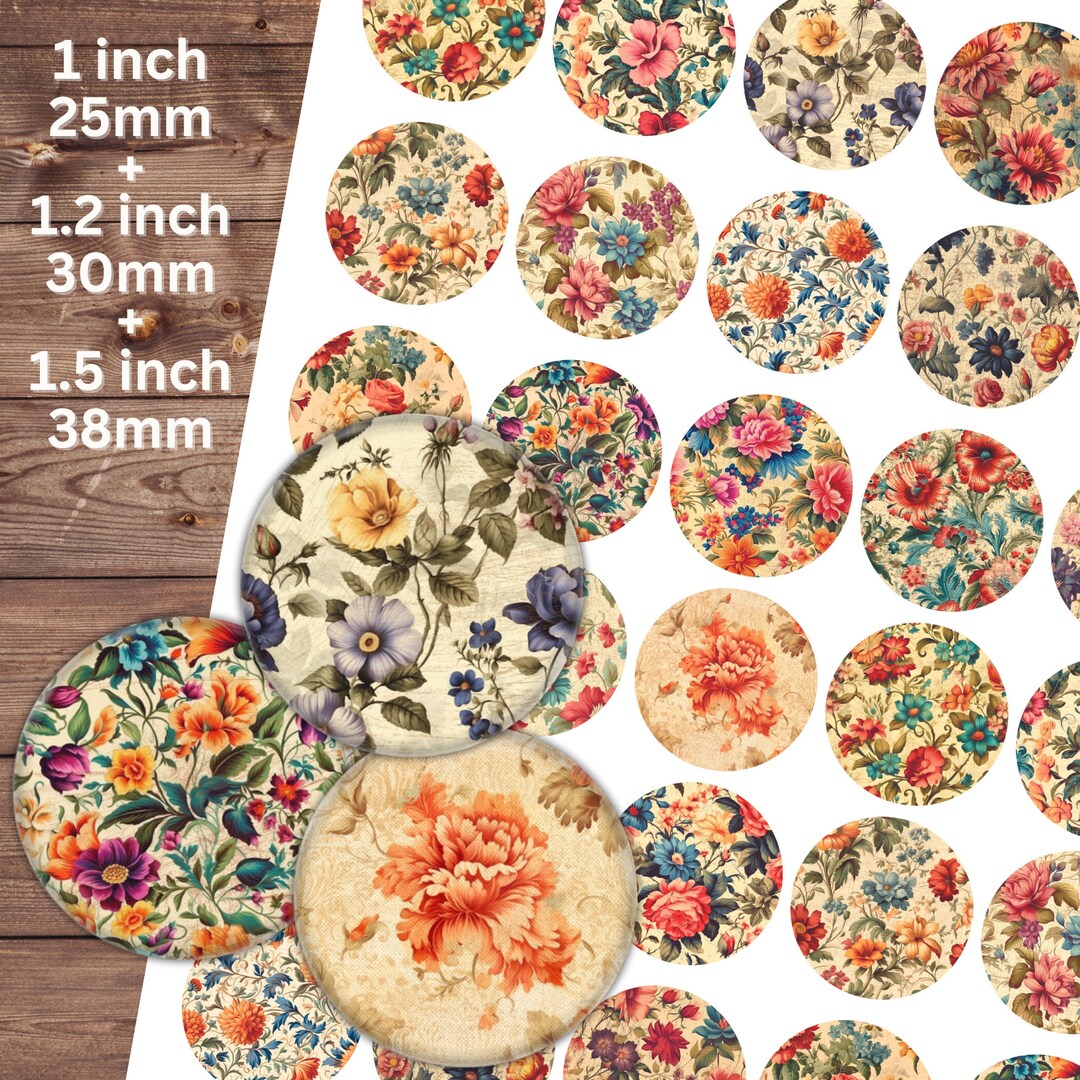 Digital Collage Sheet - Painted Flowers | 1 Inch Circle, 1.2 Inch, 1.5 ...