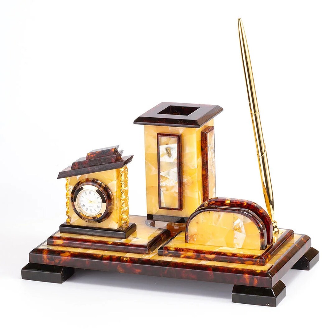 Amber Desk Organizerhandmade Pen Holder With Clock Made of Baltic ...