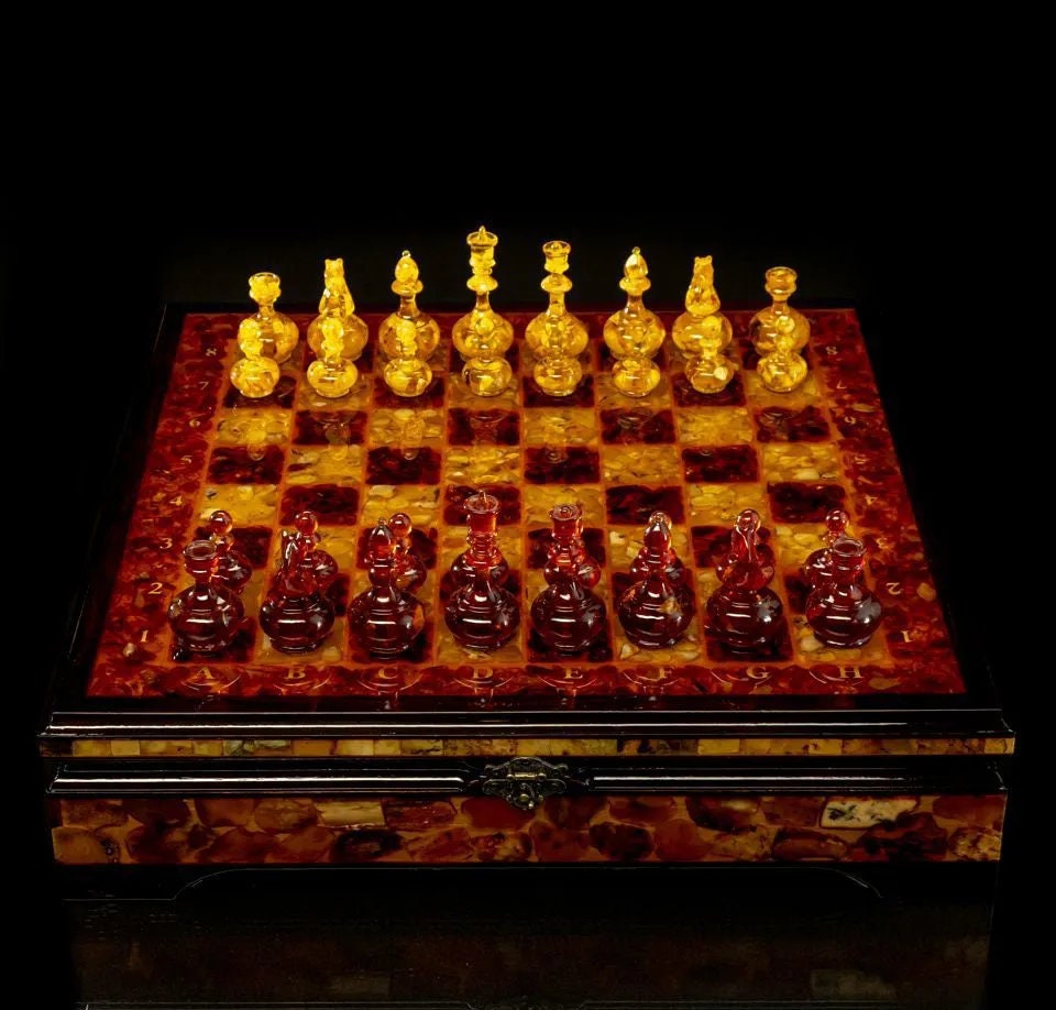 Handmade Wood Amber Chess Set Diplomat 2in1amber Chess Pieces Checkers ...