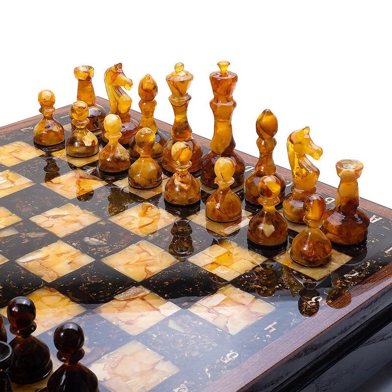 Handmade Luxury Chess Set With Natural Amber Figureswood Amber Mosaic ...