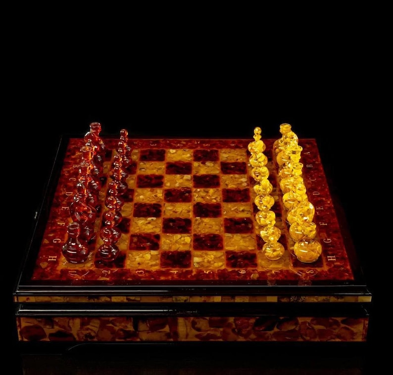 Handmade Wood Amber Chess Set Diplomat 2in1amber Chess Pieces Checkers ...