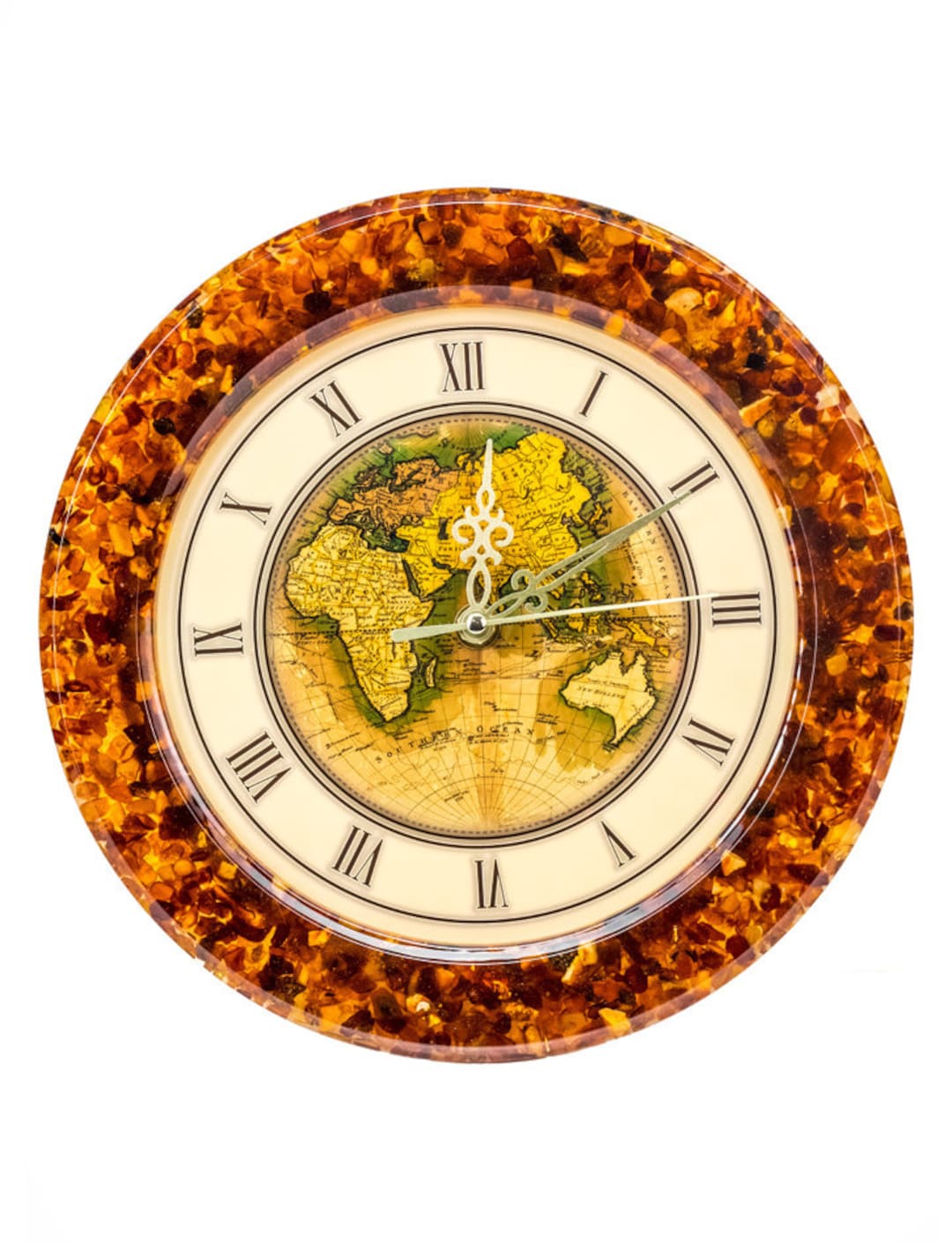 Unique Wall Clock in an Amber Mosaic Frame World Mapamber Gifthome ...