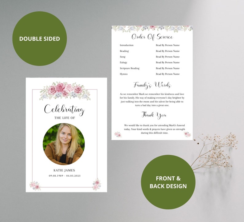 Double Sided Funeral Program Template, Roses Memorial Program, Pink ...