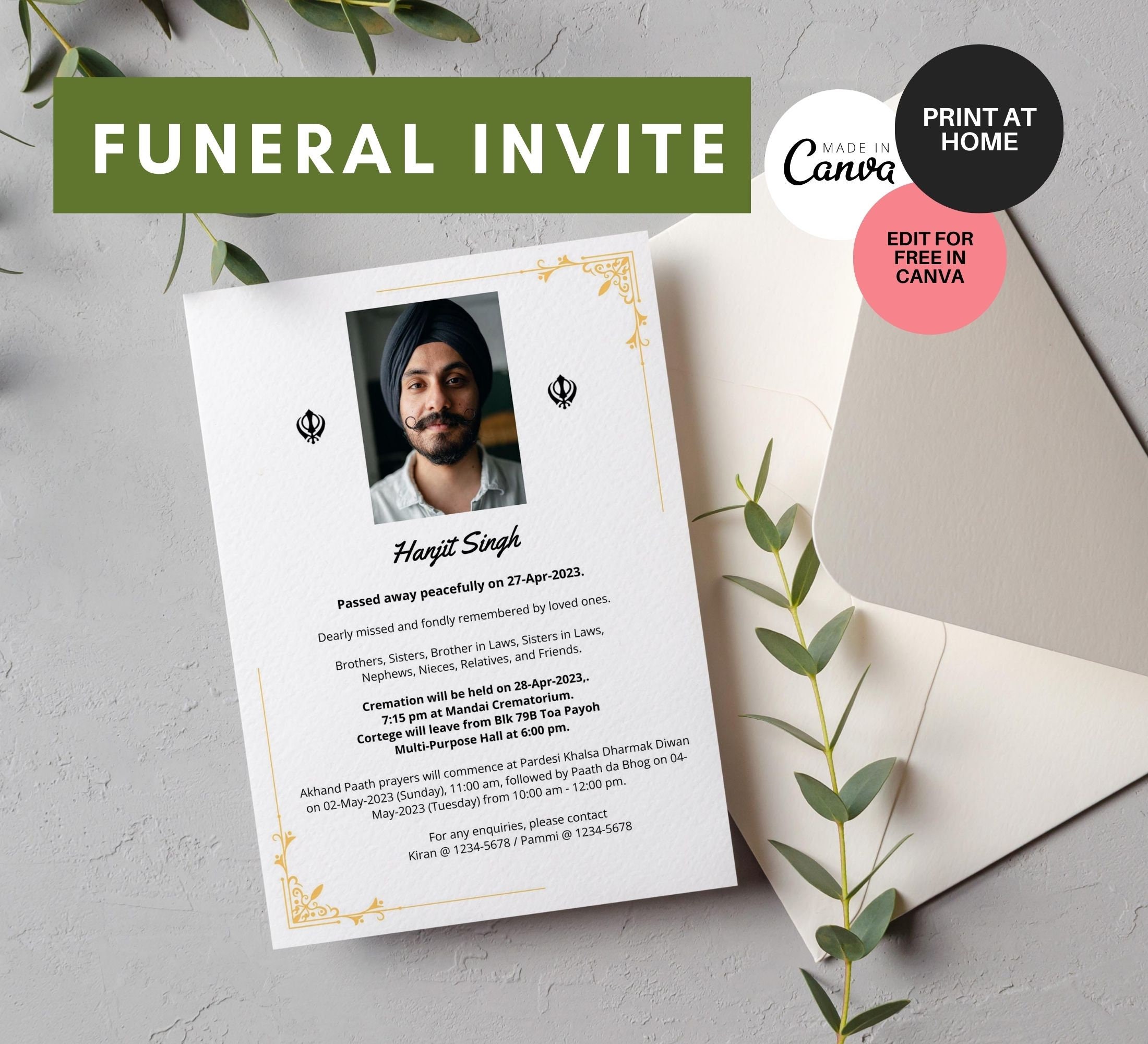 Printable Sikh Funeral Invite Canva, Funeral Invitation, Memorial ...