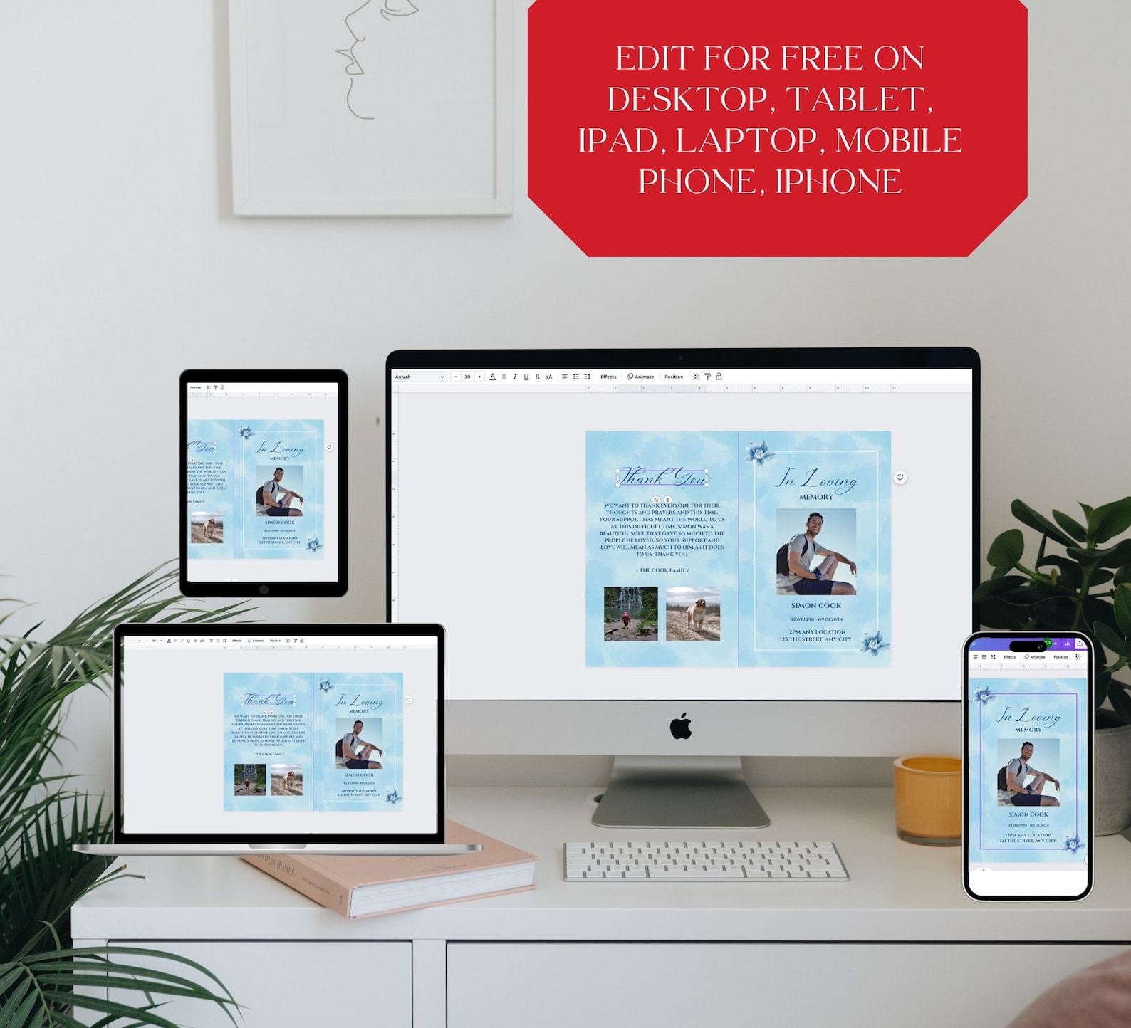 Blue Funeral Program Template, Instant Download, Obituary Template Sky ...