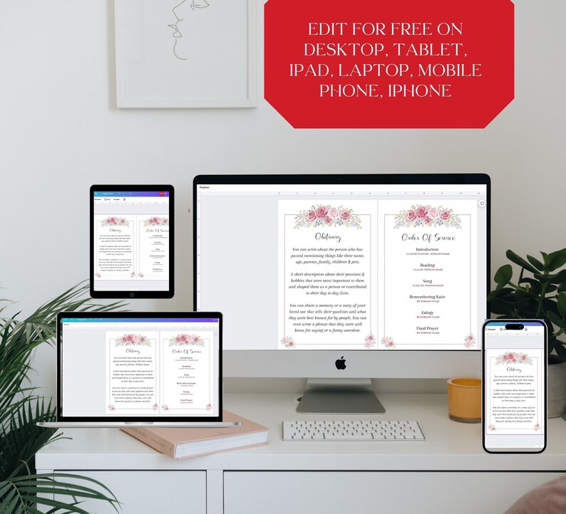 Pink Flower Funeral Template, Funeral Brochure, Pink Printable Obituary ...