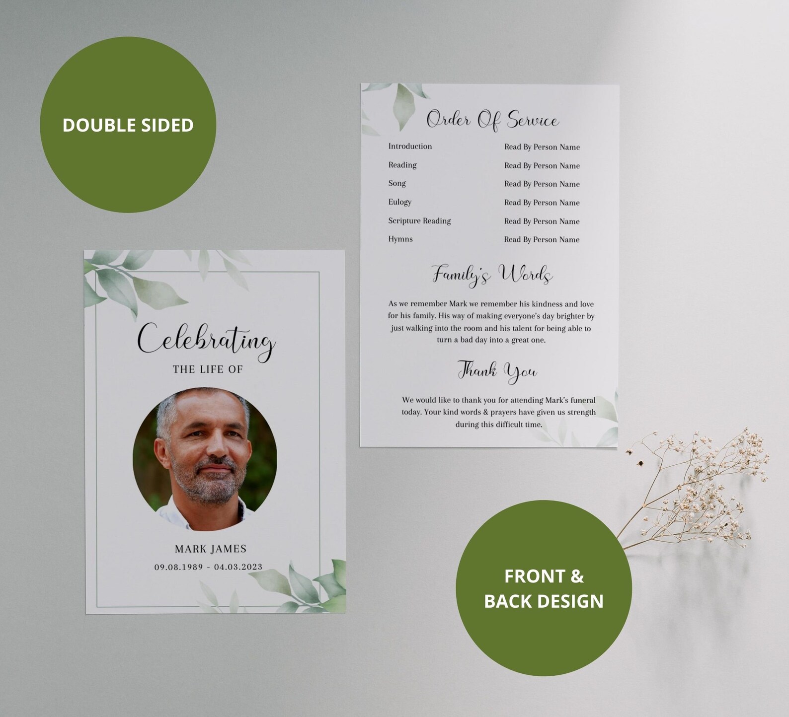 Double Sided Funeral Program Template, Greenery Memorial Program ...