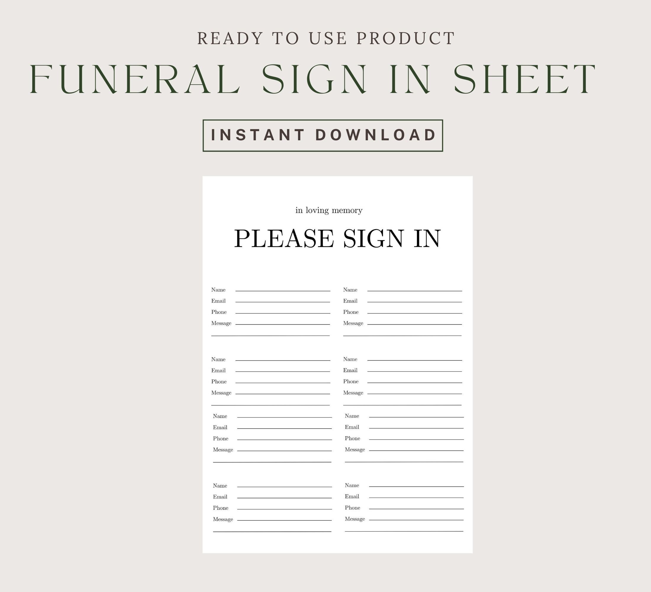Funeral Sign in Sheet, Printable Funeral Guest Book Insert, Printable ...