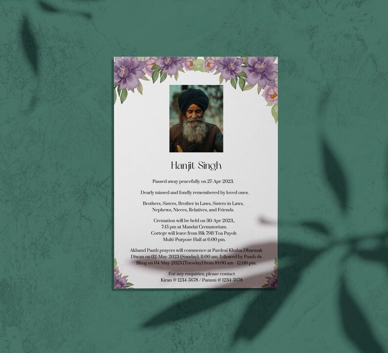 Sikh Funeral Invite, Funeral Announcement, Funeral Invitation, Memorial ...
